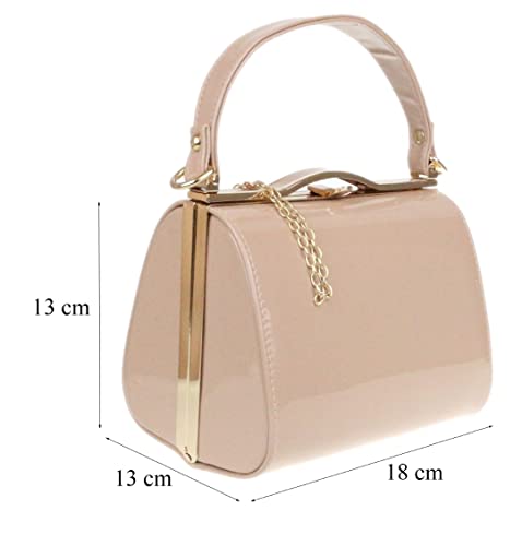 Girly HandBags Glossy Patent Faux Leather Clutch Bag Handle Closure Evening Handbag Nude