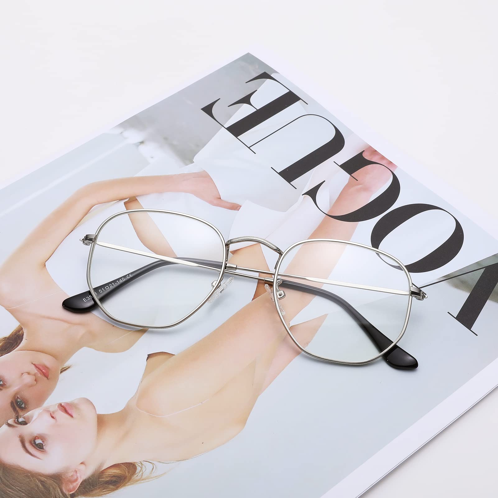 Pro Acme Hexagonal Non-Prescription Glasses Frame for Women Men Designer Square Round Metal Clear Lens Eyeglasses (Silver)