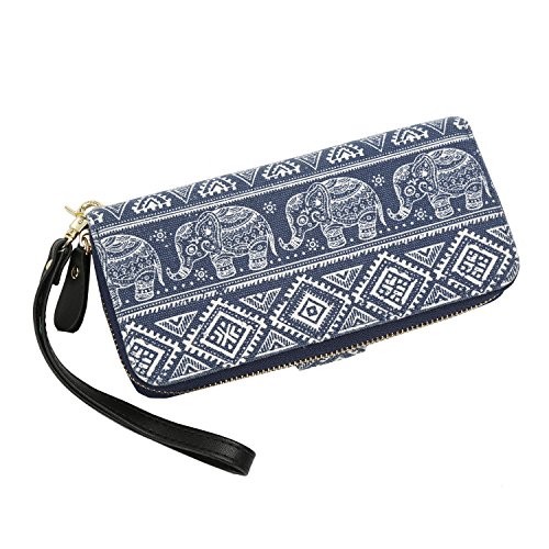 LATH.PIN Bohemian Purse Wallet Canvas Elephant Pattern Handbag with Coin Pocket and Strap (Blue, Large)