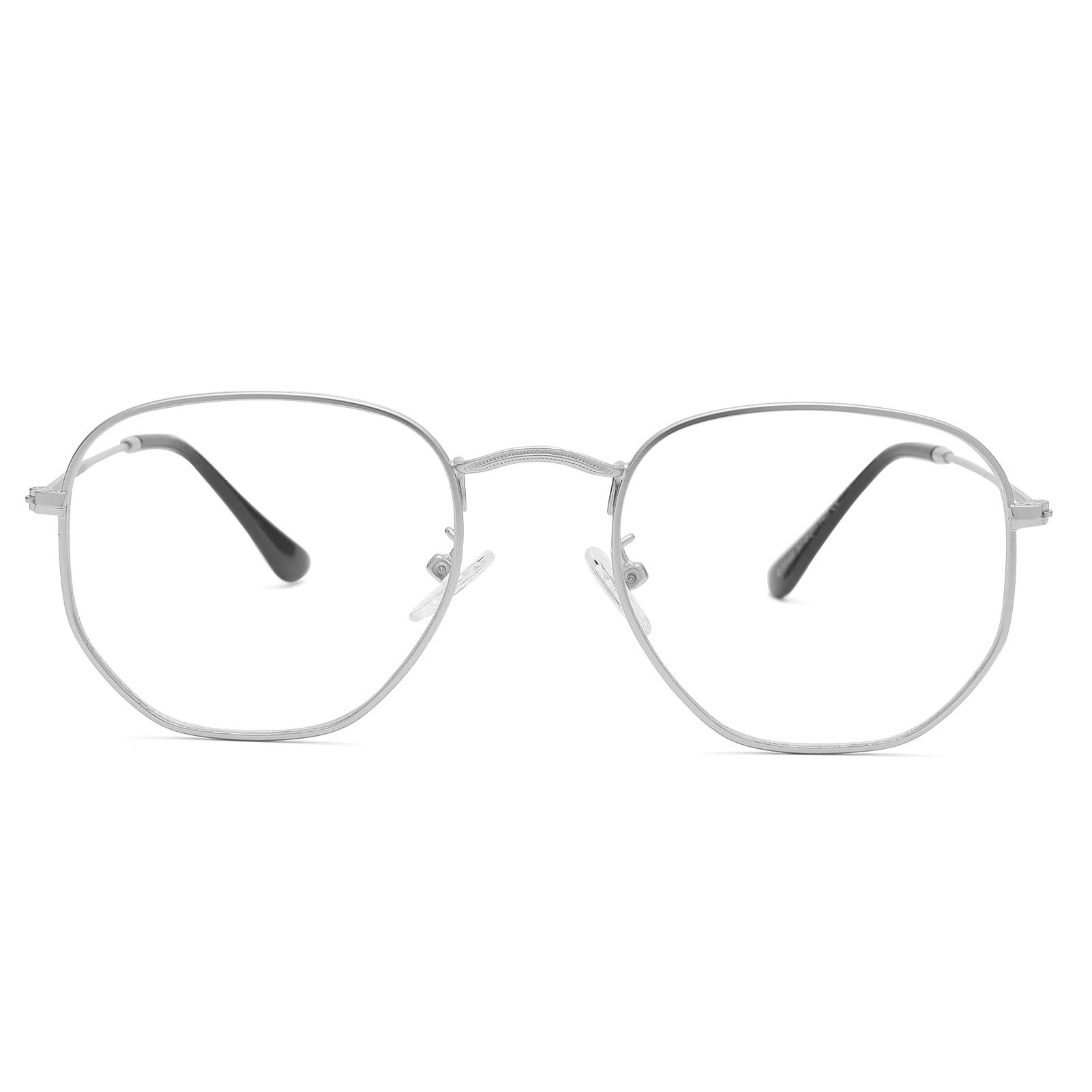 Pro Acme Hexagonal Non-Prescription Glasses Frame for Women Men Designer Square Round Metal Clear Lens Eyeglasses (Silver)