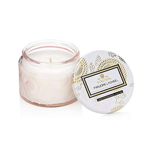Voluspa Panjore Lychee Candle | Petite Embossed Glass Jar | 3.2 Oz. | 25 Hr Burn Time | Vegan | Coconut Wax and Natural Wicks for Cleaner Burning