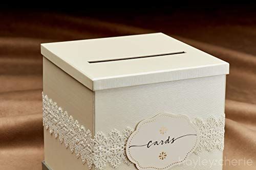 Hayley Cherie - Ivory Gift Card Box with White Lace Textured Finish - Large Size 10" x 10" - for Wedding Receptions, Bridal & Baby Showers, Birthdays, Graduations, Funerals, Money