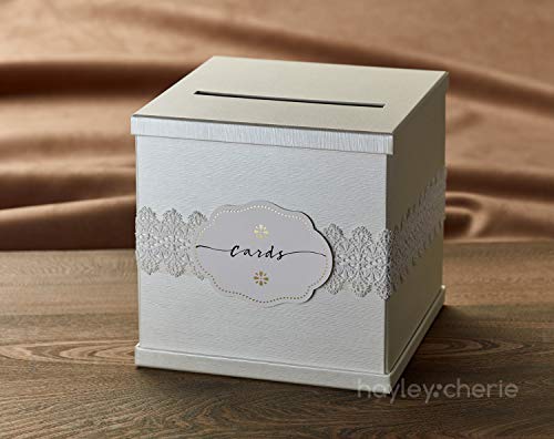 Hayley Cherie - Ivory Gift Card Box with White Lace Textured Finish - Large Size 10" x 10" - for Wedding Receptions, Bridal & Baby Showers, Birthdays, Graduations, Funerals, Money