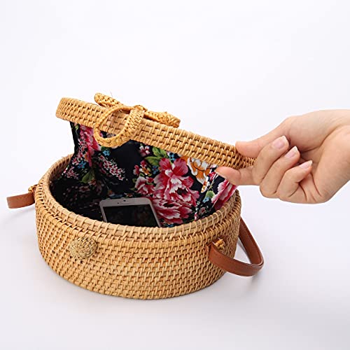 Natural NEO Handwoven Round Rattan Bag Shoulder Leather Straps Natural Chic Hand