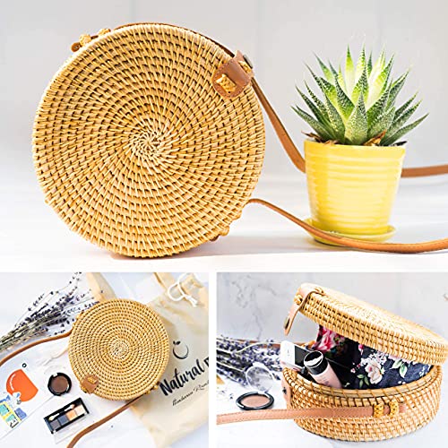 Natural NEO Handwoven Round Rattan Bag Shoulder Leather Straps Natural Chic Hand
