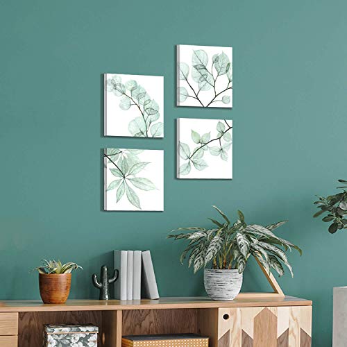 ARTISTIC PATH Natural Leaf Artwork Floral Pictures: Twig Graphic Art Print on Canvas for Bathroom Wall (12" W x 12" H x 4 PCS, Multi-Sized)