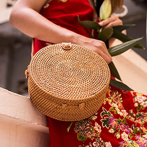 Natural NEO Handwoven Round Rattan Bag Shoulder Leather Straps Natural Chic Hand