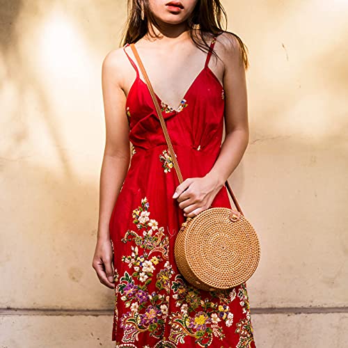 Natural NEO Handwoven Round Rattan Bag Shoulder Leather Straps Natural Chic Hand