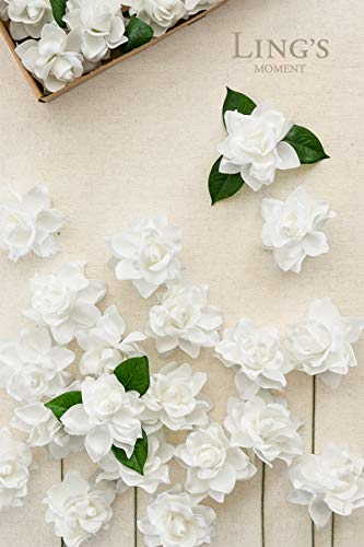 Ling's Moment Artificial Flowers White Gardenia Fake Flowers 2.7" 25 pcs w/Stem for DIY Wedding Bouquets Boutonnieres