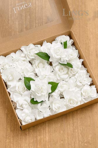 Ling's Moment Artificial Flowers White Gardenia Fake Flowers 2.7" 25 pcs w/Stem for DIY Wedding Bouquets Boutonnieres