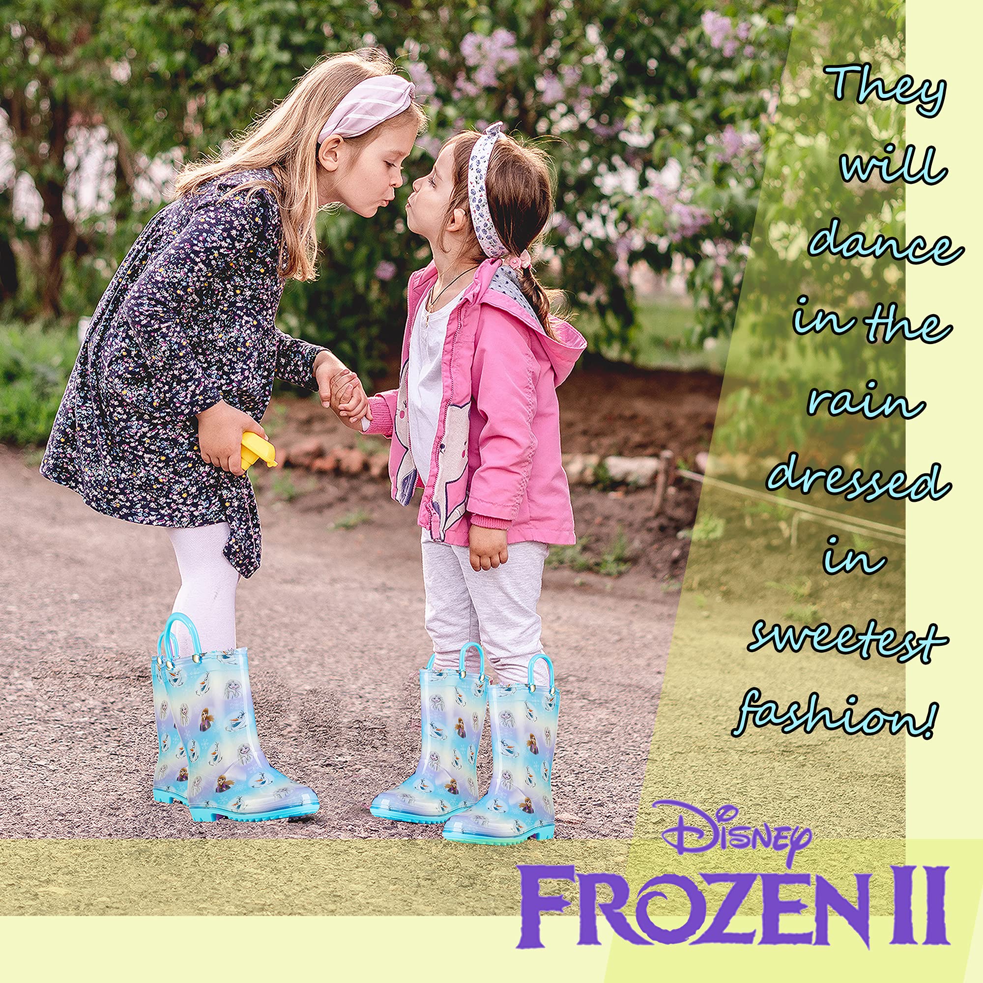 Disney Frozen 2 Girls Anna, Elsa and Olaf Pink PVC Waterproof Licensed Rain Boots Easy-On Handles - Size 8 Toddler