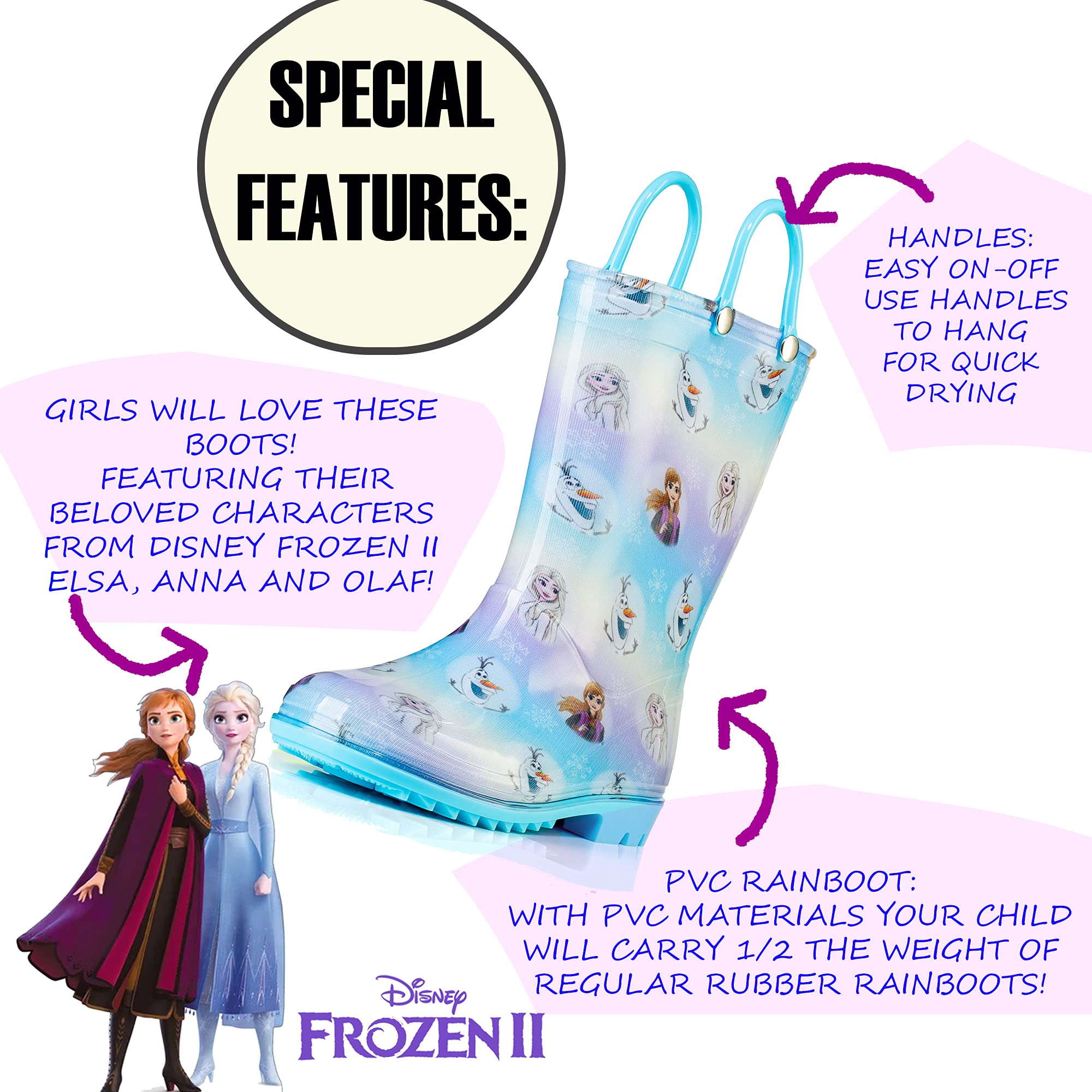 Disney Frozen 2 Girls Anna, Elsa and Olaf Pink PVC Waterproof Licensed Rain Boots Easy-On Handles - Size 8 Toddler