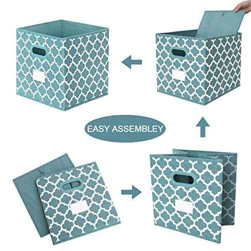 Homyfort Cube Storage Organizer Bins 12x12 - Fabric Storage Cubes Bin Foldable Baskets Square Box with Labels and Dual Plastic Handles for Shelf Closet, Nursery, Boys, Girls, Set of 6 (Teal Blue)