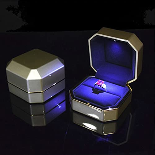 AVESON Luxury Ring Box, Square Velvet Wedding Ring Case Jewelry Gift Box with LED Light for Proposal Engagement Wedding, Gold