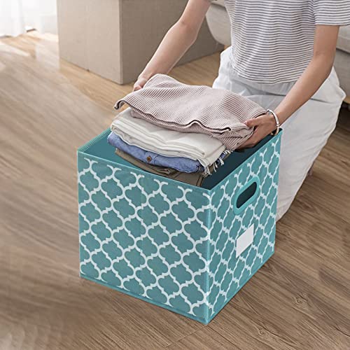 Homyfort Cube Storage Organizer Bins 12x12 - Fabric Storage Cubes Bin Foldable Baskets Square Box with Labels and Dual Plastic Handles for Shelf Closet, Nursery, Boys, Girls, Set of 6 (Teal Blue)