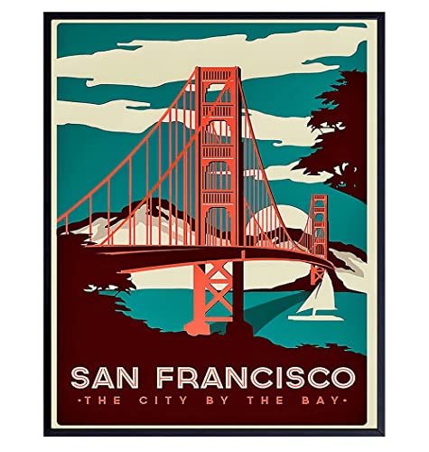 San Francisco Golden Gate Bridge Vintage Art Print Wall Poster -Chic Home Decor for Living Room, Bedroom, Family Room, Office - Gift for California CA Travel Fans- 8x10 Photo Unframed
