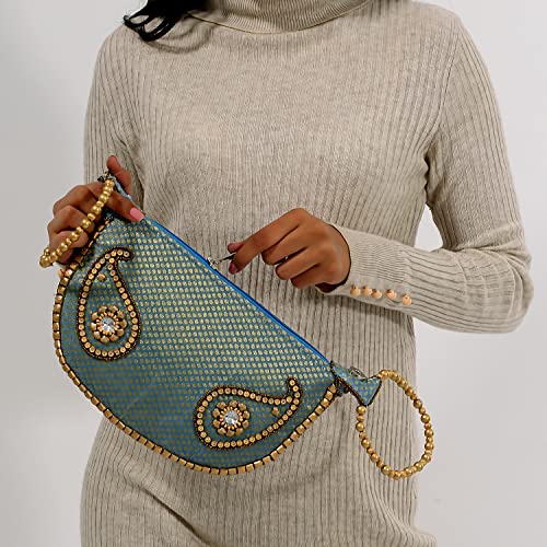 Shop LC Acrylic Gemstone Beige Blue Potli Bag Zipper Closure Pearl Studded Purses Summer Clutch Bag for Women