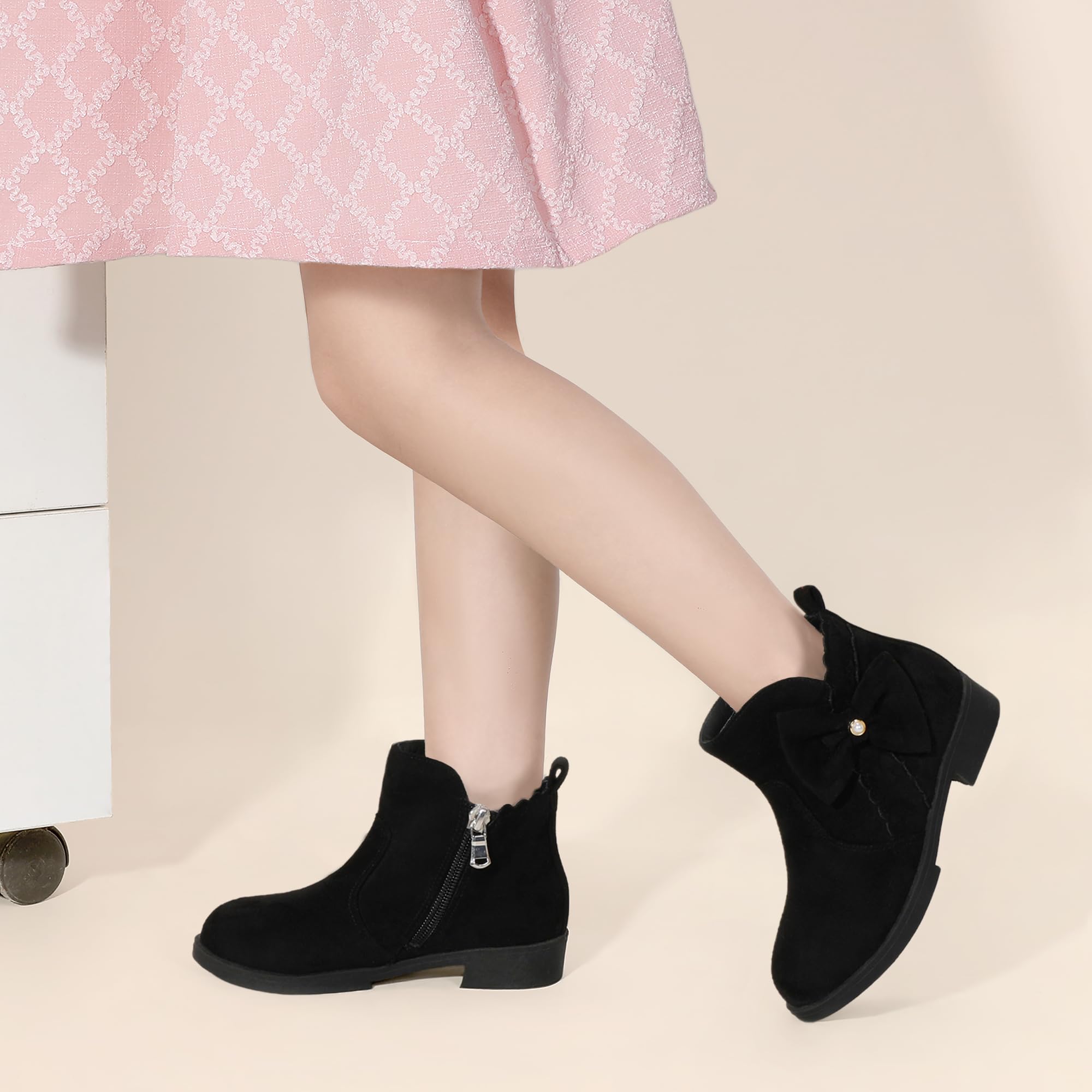 PANDANINJIA Girls Black Boots Toddler Kids Short Ankle Boots Bow Clara Sweet Zipper Dress Booties Size 3