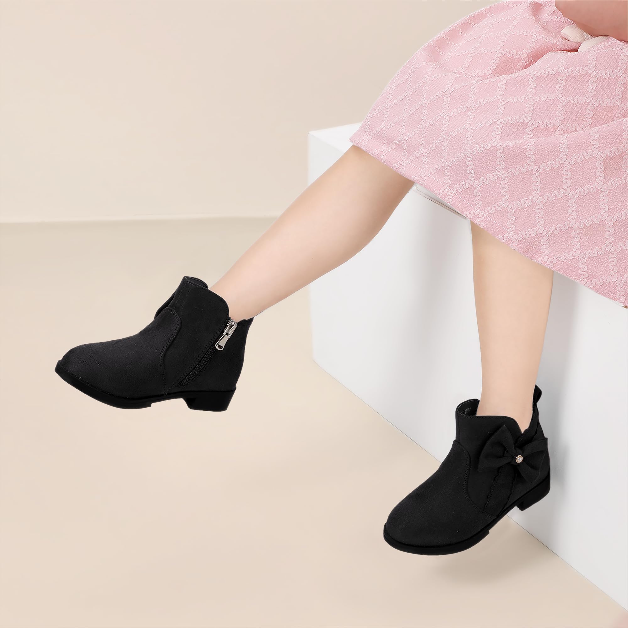 PANDANINJIA Girls Black Boots Toddler Kids Short Ankle Boots Bow Clara Sweet Zipper Dress Booties Size 3