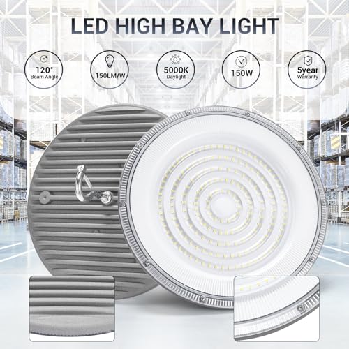 YANYCN 6 Pack 150W UFO LED High Bay Lights,IP66 Waterproof,85-277V,21050LM 5000K Daylight, 660W MH/HPS with Plug Commercial Bay Lighting for Barn,Gym,Factory,Warehouse,Shop,Workshop,Gym,Garage