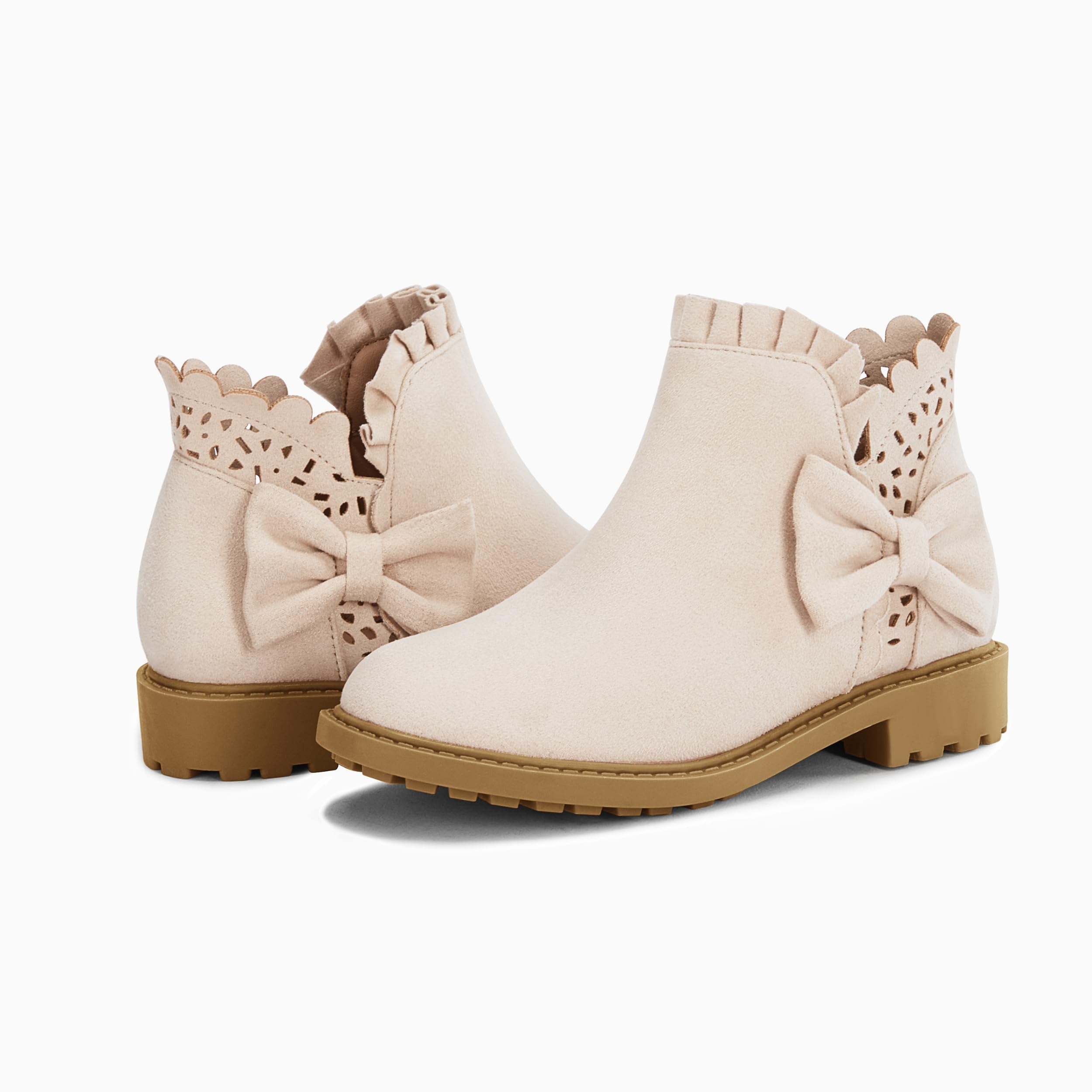 Coutgo Girls Bow Ankle Boots Ruffled Chunky Heel with Classic Side Zipper Dress Booties for Little Kids/Big Kids, Biege, Size 3