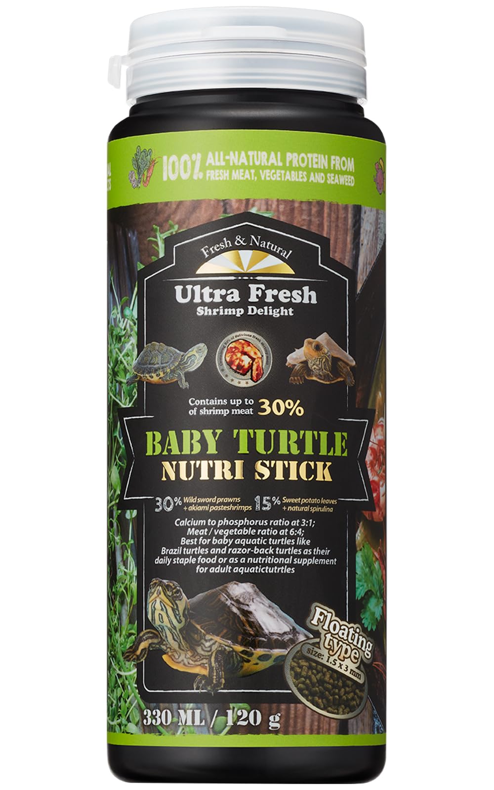 Ultra Fresh Floating Baby Turtle Food, All Natural Ingredients, Wild Sword Prawn, Calcium Vitamin D Enriched for Picky Aquatic Baby Turtles, Baby Turtle Nutri Stick 3.35 oz