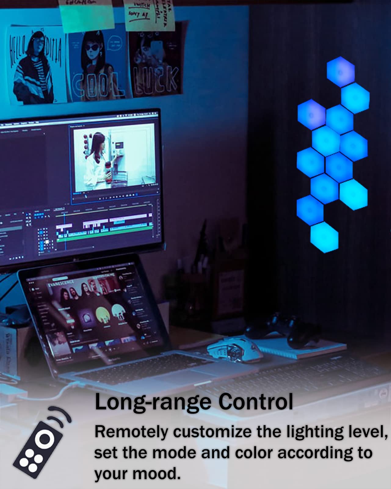 Hexagon Lights, RGB Hexagon Wall Lights with Remote, Smart Hexagonal Wall Panels, Touching LED Wall Lights with USB-Power, Splicing DIY Color-Changing Gaming Lights Used in Gift, Bedroom Decor-6 Packs