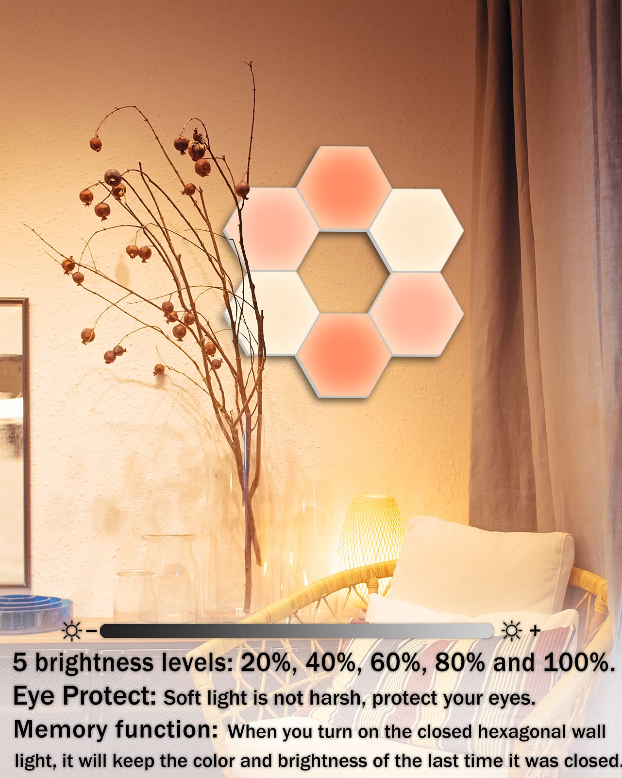 Hexagon Lights, RGB Hexagon Wall Lights with Remote, Smart Hexagonal Wall Panels, Touching LED Wall Lights with USB-Power, Splicing DIY Color-Changing Gaming Lights Used in Gift, Bedroom Decor-6 Packs