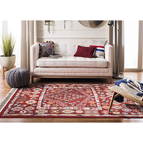 SAFAVIEH Farmhouse Collection 3' x 5' Red / Ivory FMH814Q Moroccan Boho Tassel Area Rug