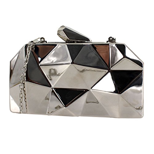 Van Caro Womens Metal Clutch Geometric Evening Handbag Diamond Chain Purse, Silver
