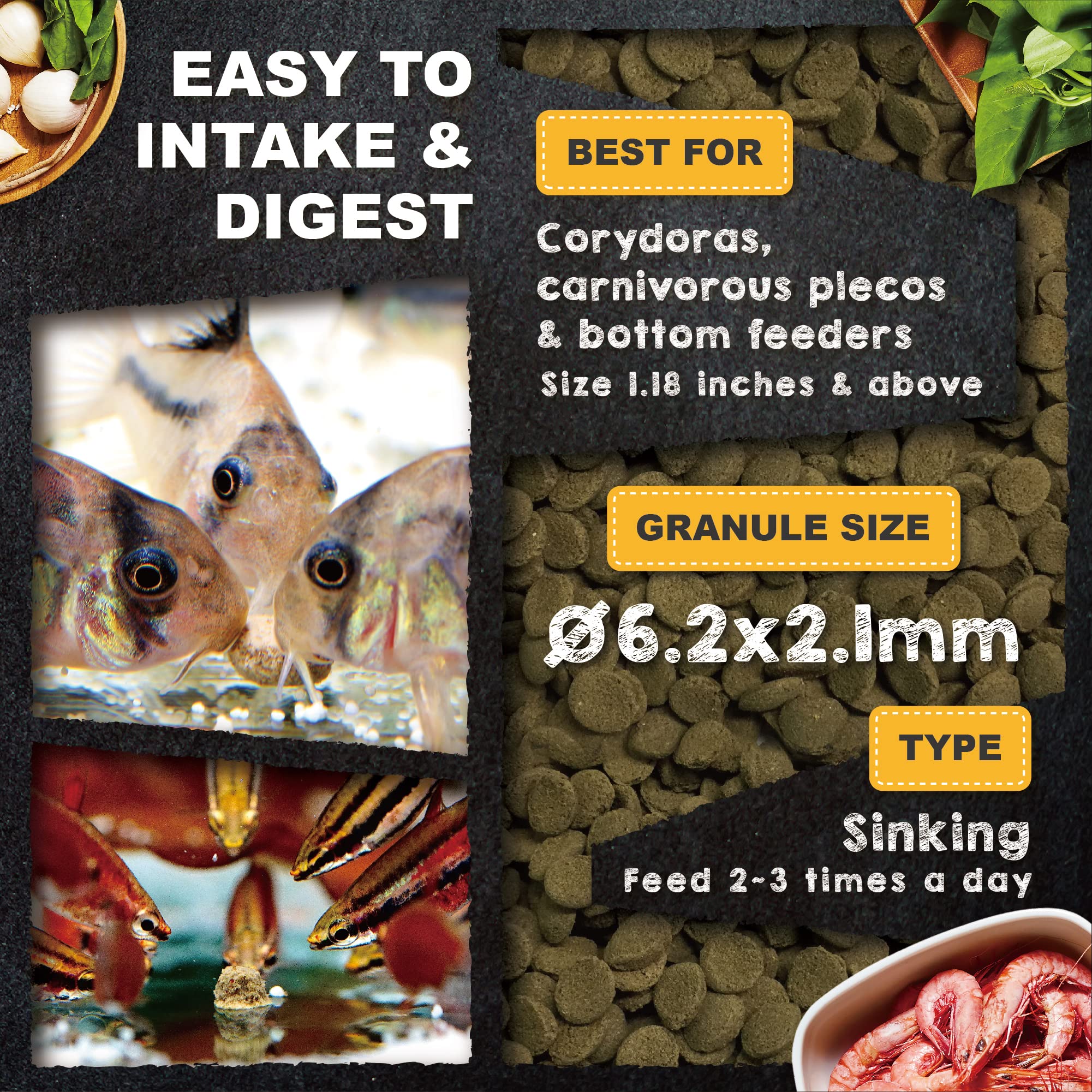 Ultra Fresh Bottom Feeder Fish Food, Sword Prawns, Natural Protein, Balanced Diet, for Catfish, Corydoras, Loaches, Tropical Shrimp Pie 2.05 Ounces