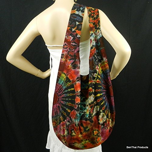 BTP! Tie Dye Sling Crossbody Shoulder Bag Purse Hippie Hobo Cotton Bohemian Colorful Firework, Double Side Firework Red Vk10, Large
