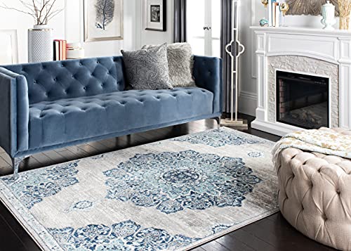 SAFAVIEH Brentwood Collection 9' x 12' Navy / Light Grey BNT849M Medallion Distressed Non-Shedding Living Room Bedroom Dining Home Office Area Rug