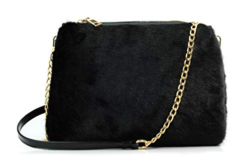 HOXIS Faux Fur Furry Crossbody Shoulder Handbag Clutch Purse (Black)