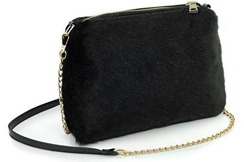 HOXIS Faux Fur Furry Crossbody Shoulder Handbag Clutch Purse (Black)