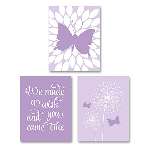 The Studio Resource, Inc. White and Purple We Made A Wish And You Came True Dandelion and Butterfly Nursery Print; 3-8x10 Paper Poster