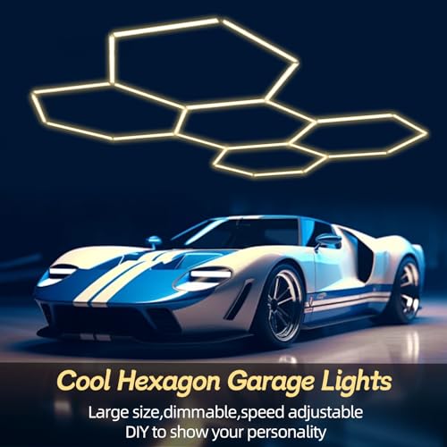 SCONPARK RGB Hexagon Garage Lights,Dimmable LED Hexagon Lights,Large Size Hex Lights for Wall/Ceiling,DIY 358 Modes,Aluminum Base,3 Pin,for Garage Gym Gaming Room Music Room Studio