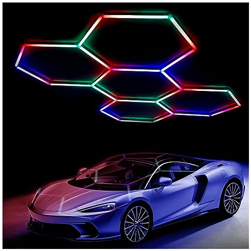 SCONPARK RGB Hexagon Garage Lights,Dimmable LED Hexagon Lights,Large Size Hex Lights for Wall/Ceiling,DIY 358 Modes,Aluminum Base,3 Pin,for Garage Gym Gaming Room Music Room Studio