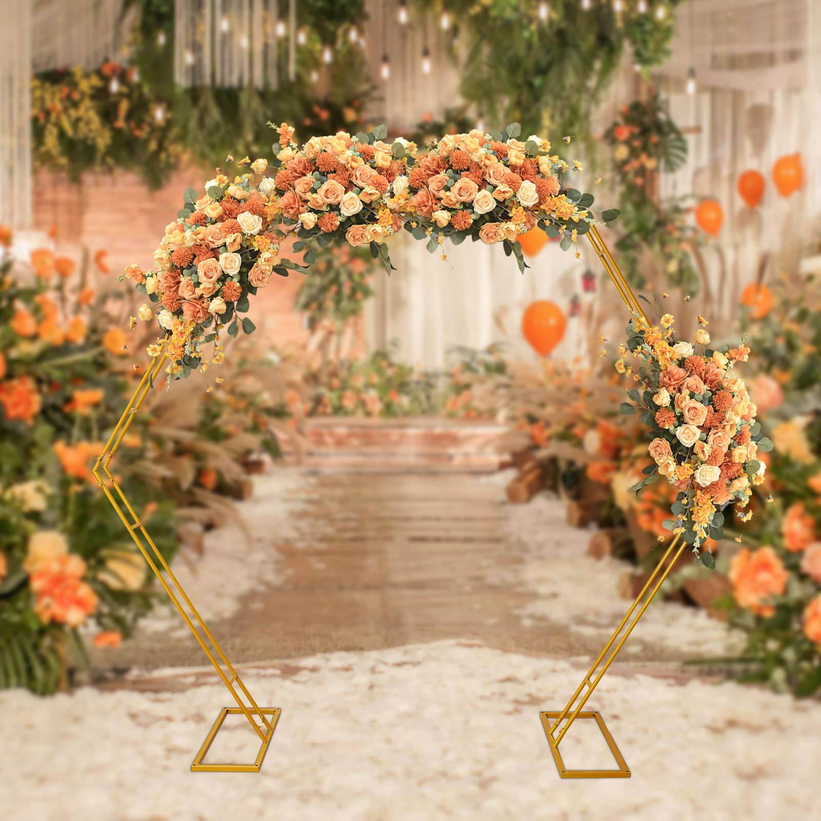 PIAOCAIYIN Hexagon Wedding Arch, 2.2m Metal Frame Backdrop Stand, Gold Backdrop Stand, Garden Arbors for Wedding, Hexagon Arch Display Rack for Party Decorations -Base Size 21.65 * 9.84inch