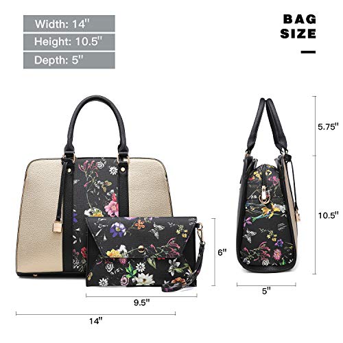 Dasein Women Handbag and Purse Two-tone Satchel Bag Top Handle Work Tote Padlock Shoulder Bag Three Compartments(Gold and black flower)