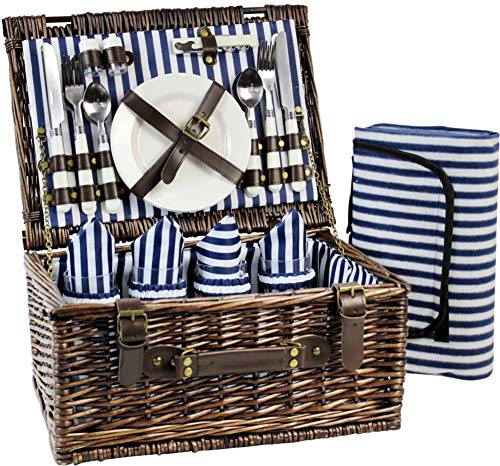 Wicker Picnic Basket for 4 with Soft Picnic Blanket, Picnic Set for 4 with Beach Mat, Willow Hamper Service Gift Set for Camping and Outdoor Party Best Gifts