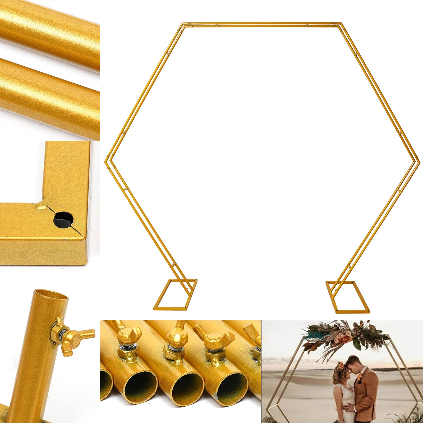 PIAOCAIYIN Hexagon Wedding Arch, 2.2m Metal Frame Backdrop Stand, Gold Backdrop Stand, Garden Arbors for Wedding, Hexagon Arch Display Rack for Party Decorations -Base Size 21.65 * 9.84inch