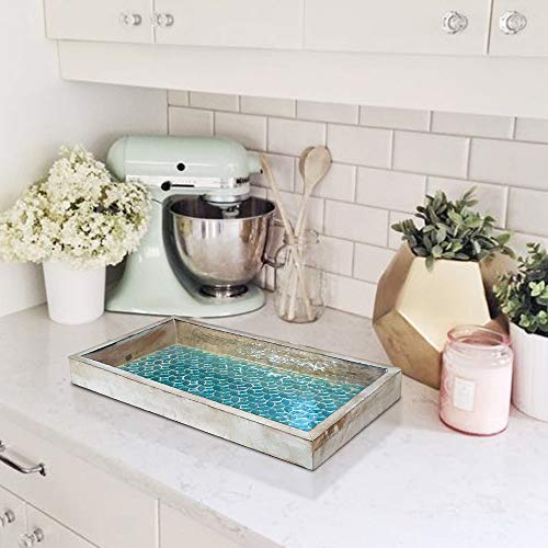 nu steel Luxury Aqua Marine Mirror Mosaic & Wood Tray for Bathrooms, Countertops, Jewelry, Perfume, Storage