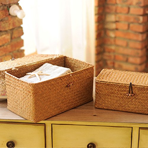 Najer 3-piece Set Rectangular Handmade Seagrass Baskets with Lids，Multifunctional Storage Solution，Ochre