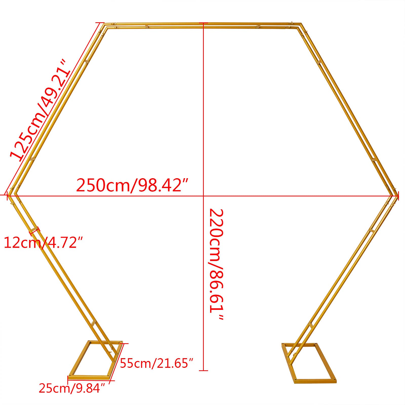 PIAOCAIYIN Hexagon Wedding Arch, 2.2m Metal Frame Backdrop Stand, Gold Backdrop Stand, Garden Arbors for Wedding, Hexagon Arch Display Rack for Party Decorations -Base Size 21.65 * 9.84inch