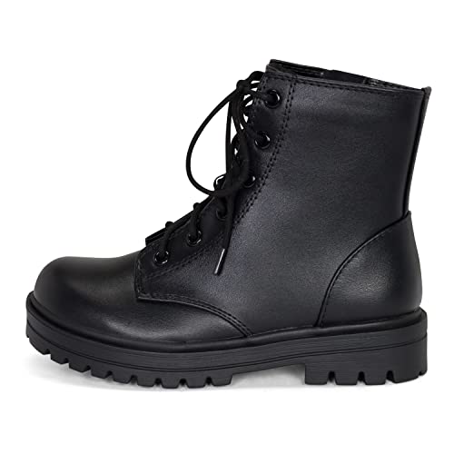 Brace-IIS - Girls/Boys/Kids/Children Lace Up Side Zipper Vegan Leather Lug Sole Combat Boots (Black PU, us_footwear_size_system, little_kid, women, numeric, medium, numeric_2)