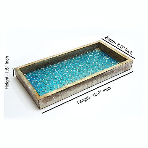 nu steel Luxury Aqua Marine Mirror Mosaic & Wood Tray for Bathrooms, Countertops, Jewelry, Perfume, Storage