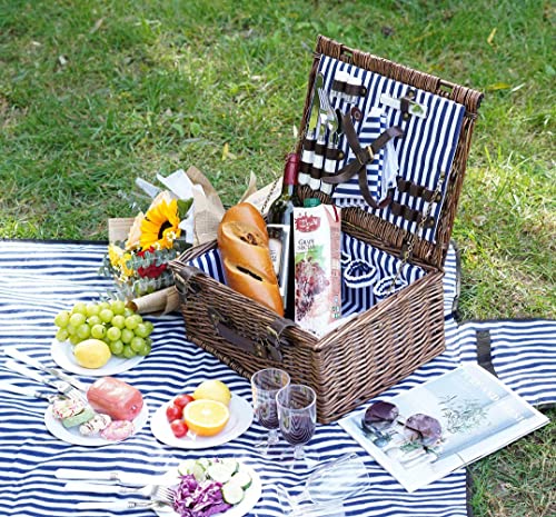 Wicker Picnic Basket for 4 with Soft Picnic Blanket, Picnic Set for 4 with Beach Mat, Willow Hamper Service Gift Set for Camping and Outdoor Party Best Gifts