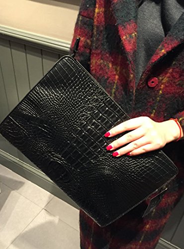 Van Caro Oversized Leather Crocodile Clutch Envelope Purse Evening Handbag for Women, Black