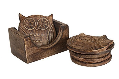 NIRMAN Wooden Crafted Coaster Set of 6 with Coasters Holder for Drink Bar Coaster Tea Coffee Mug Tabletop Barware Drink Handmade Dining Home Decor (Owl Shape)